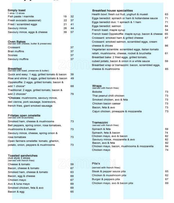 Menu at Oppiekoffie Glengarry cafe, Cape Town, Glengarry Shopping Centre