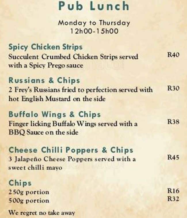 Menu at Moonshine Tavern pub & bar, Cape Town, Klein Bottelary Farm