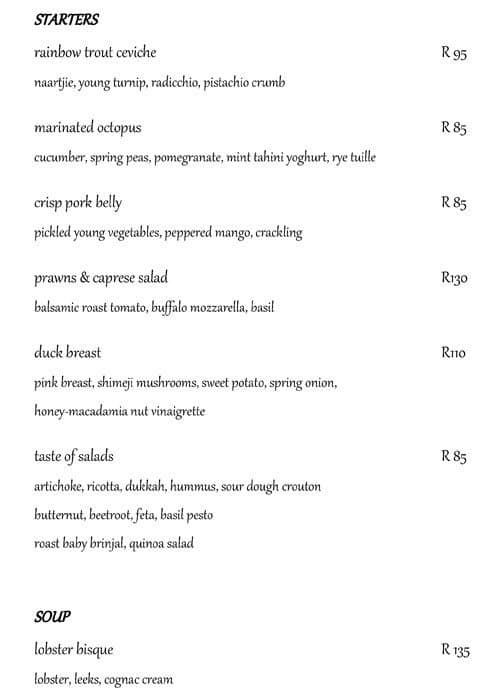 Menu at The Terrace-Cigar & Wine Bar- The Hyatt Regency, Johannesburg