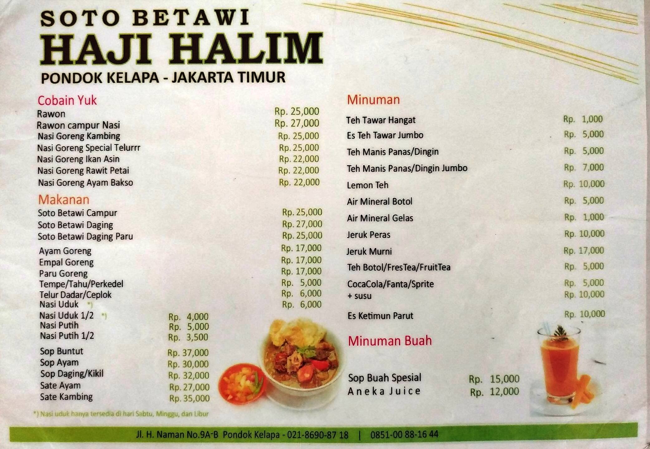 Menu at Soto Betawi Haji Halim restaurant, East Jakarta, Jalan H. Naman ...