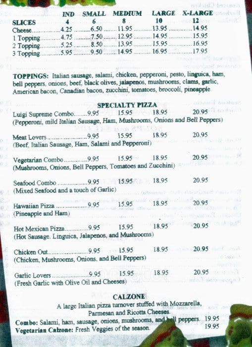 Menu at Luigi's pizzeria, Pacifica