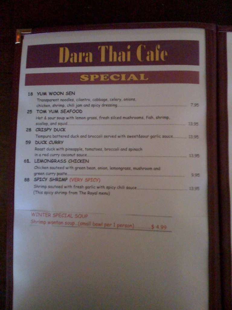 Menu at Nara Thai Cafe, New River, W Anthem Way
