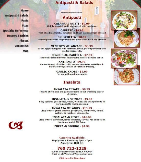 Veneto's Menu, Menu for Veneto's, Oceanside, San Diego - Urbanspoon/Zomato