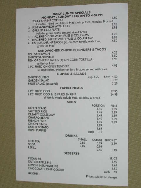Menu at Bill Miller's Laguna Madre Seafood Company restaurant, San ...