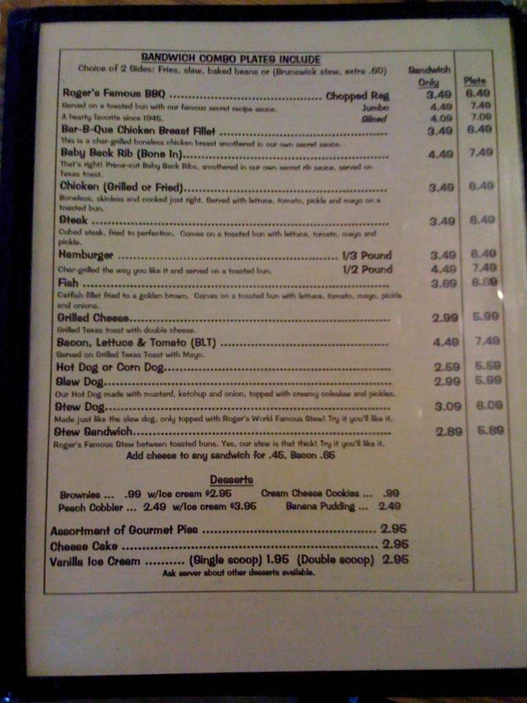 Menu at Rogers Pit-Cooked Bar-B-Que, West Point