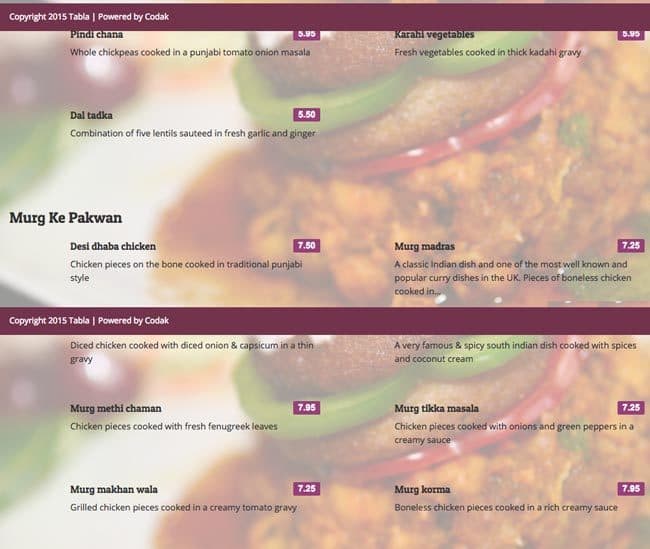 Menu at Tabla Restaurant, Ilford, Ground Floor