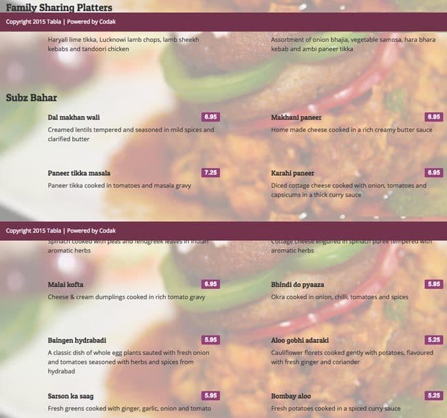 Menu at Tabla Restaurant, Ilford, Ground Floor