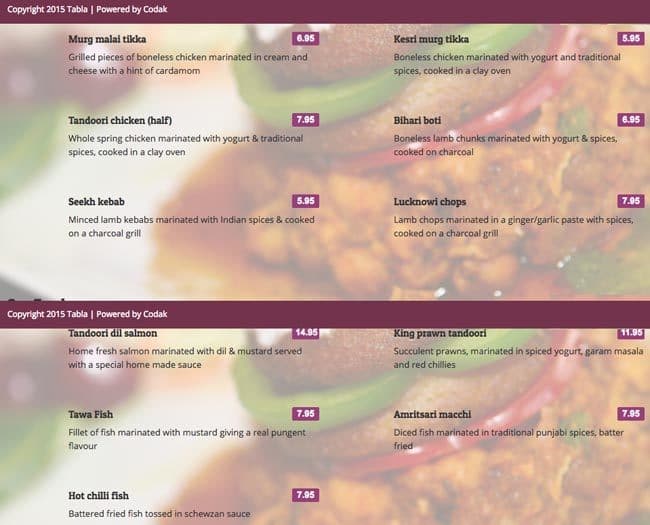 Menu at Tabla Restaurant, Ilford, Ground Floor