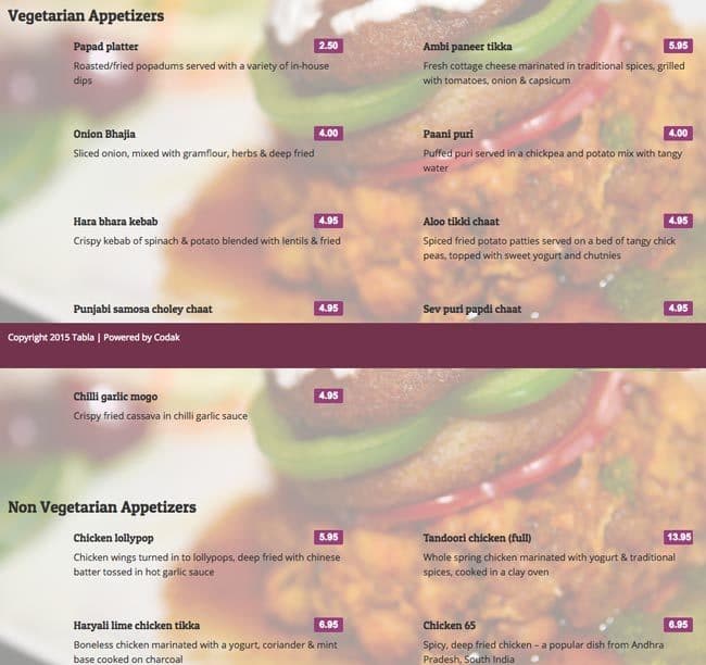 Menu at Tabla Restaurant, Ilford, Ground Floor