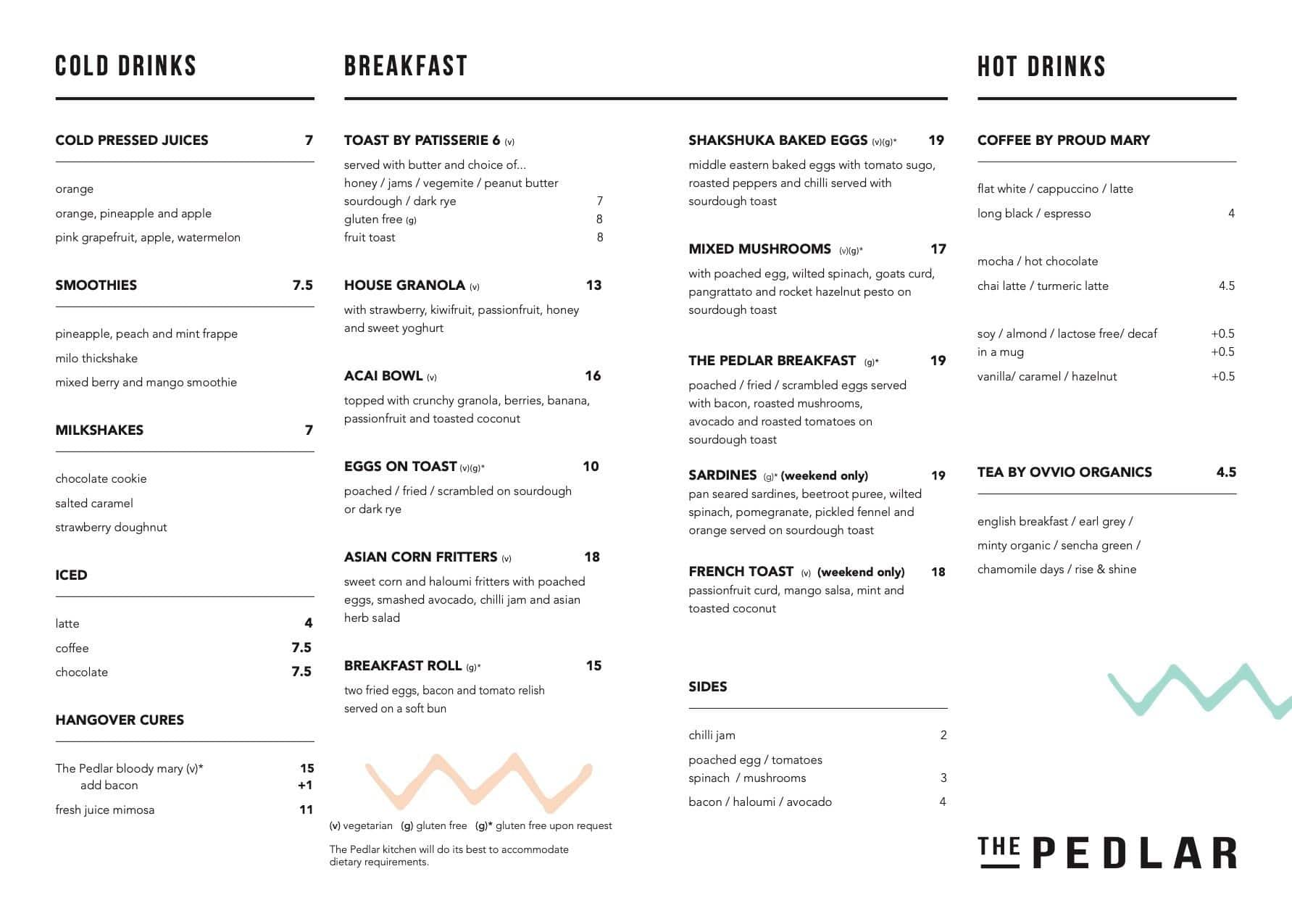 Menu at The Pedlar pub & bar, Canberra