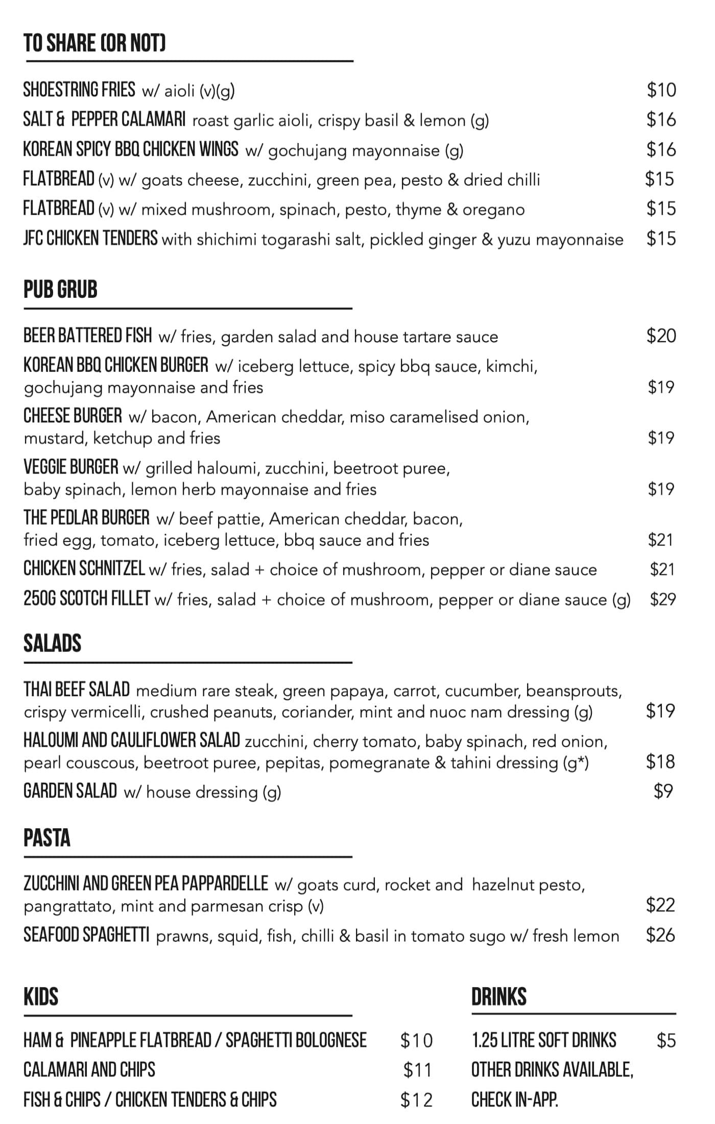 Menu at The Pedlar pub & bar, Canberra