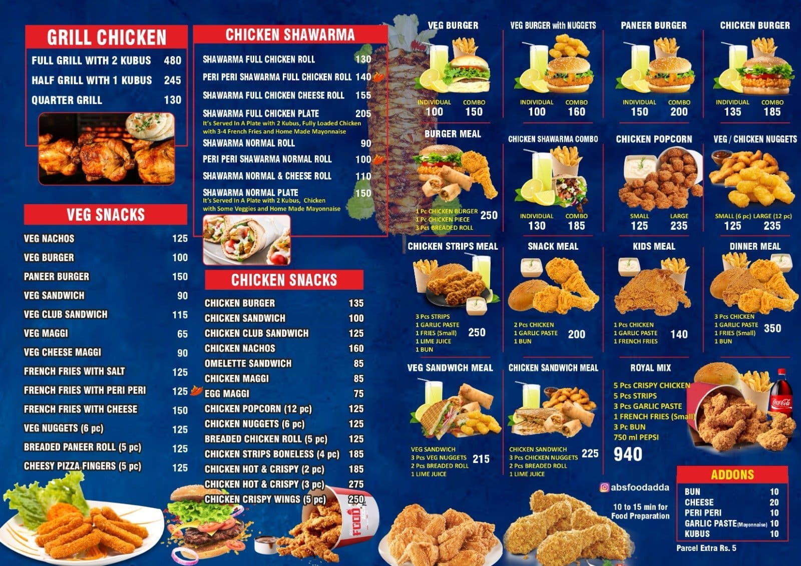 Menu of AB's Food Adda, Old Airport Road, Bangalore