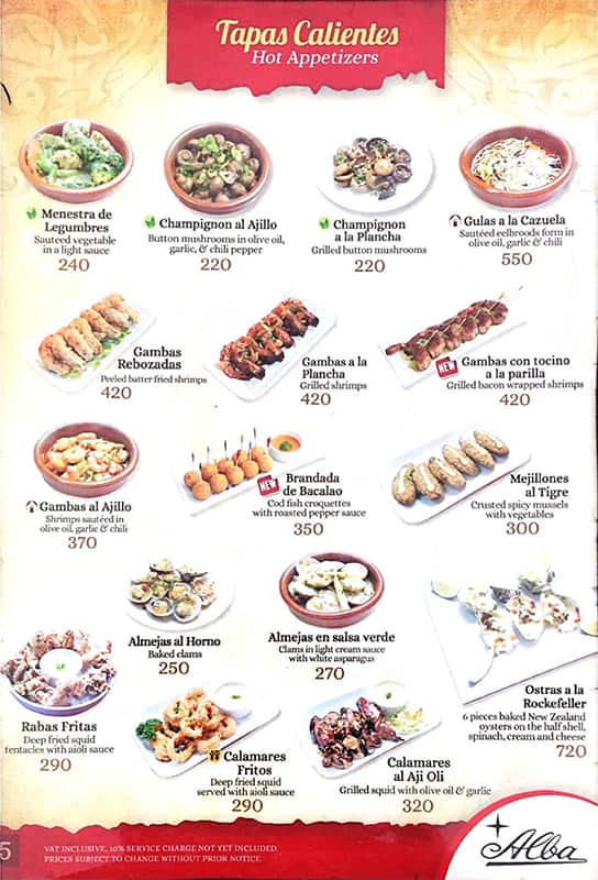 Menu at Alba restaurant, Pasay