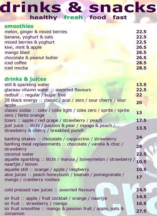 Menu at Crave cafe, Cape Town, Oxbow Crescent