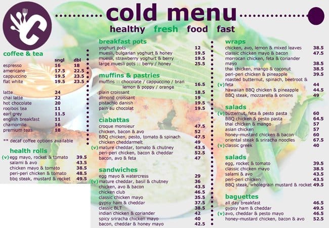 Menu at Crave restaurant, Cape Town, 22 Hans Strijdom Ave