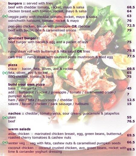 Menu at Crave cafe, Cape Town, Oxbow Crescent