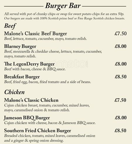 Menu at Malones Irish Bar, Glasgow, 57-59 Sauchiehall Ln