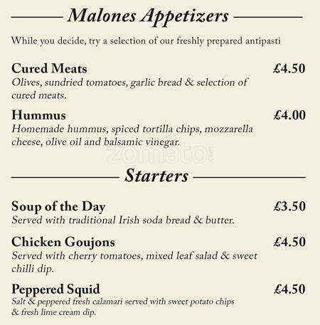 Menu at Malones Irish Bar, Glasgow, 57-59 Sauchiehall Ln