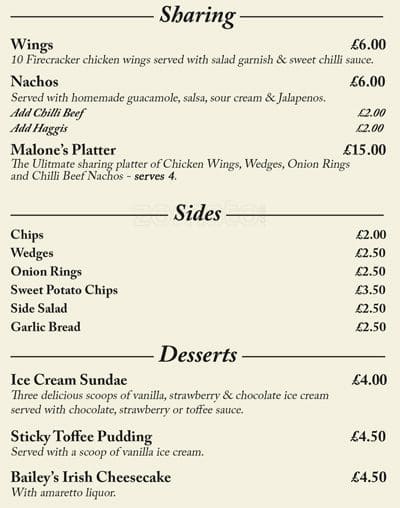 Menu at Malones Irish Bar, Glasgow, 57-59 Sauchiehall Ln