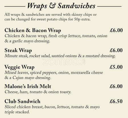 Menu at Malones Irish Bar, Glasgow, 57-59 Sauchiehall Ln