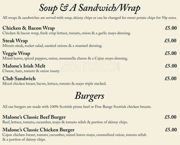 Menu at Malones Irish Bar, Glasgow, 57-59 Sauchiehall Ln