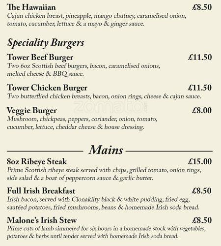 Menu at Malones Irish Bar, Glasgow, 57-59 Sauchiehall Ln