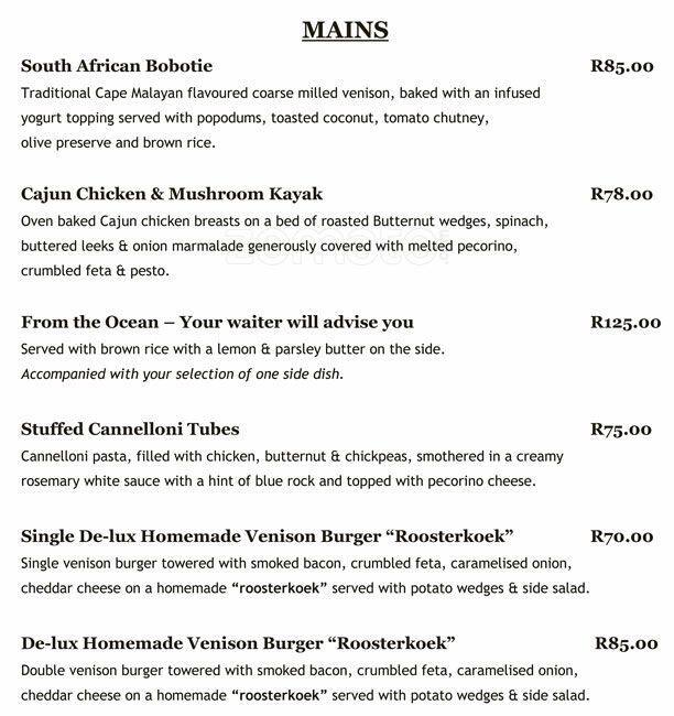 Menu at Buffelsdrift Game Lodge restaurant, Oudtshoorn