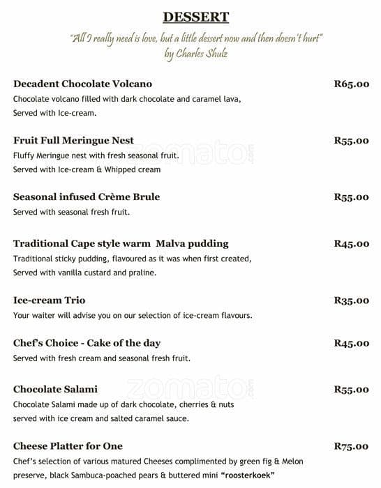 Menu at Buffelsdrift Game Lodge restaurant, Oudtshoorn
