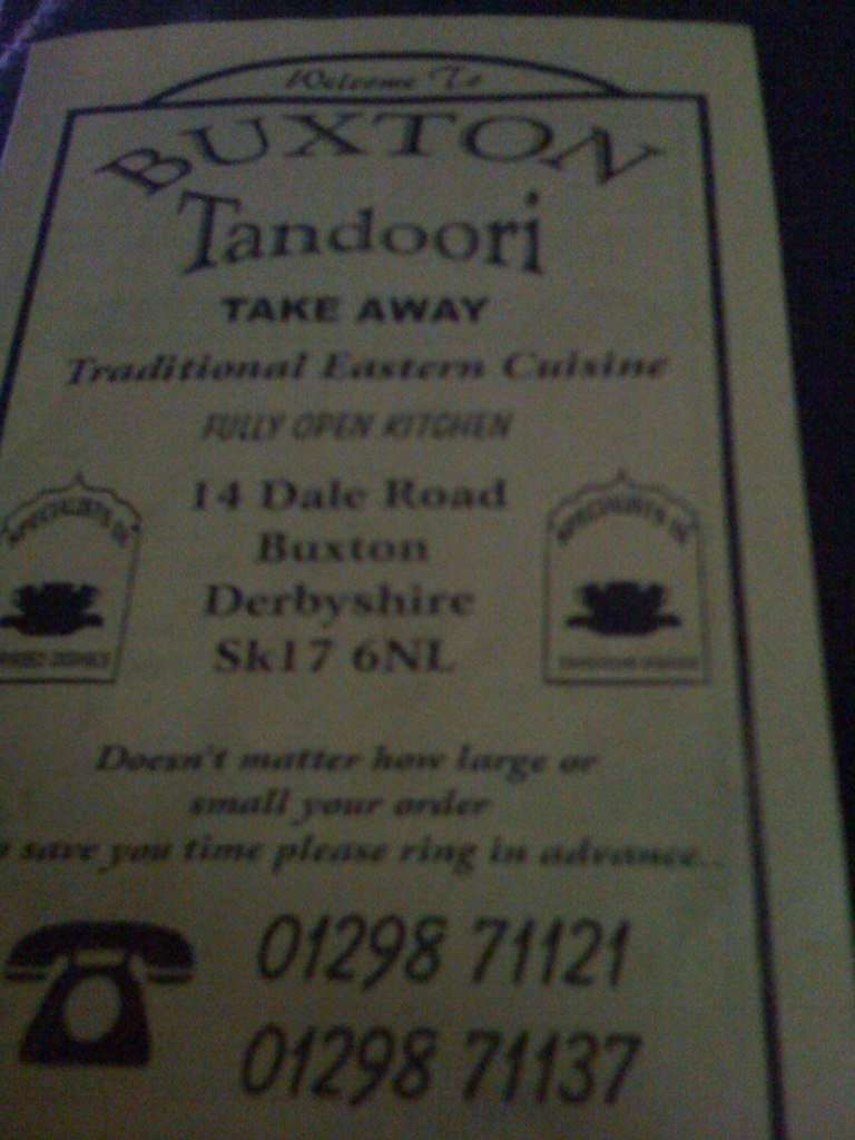 Menu at Buxton Tandoori fast food, Buxton