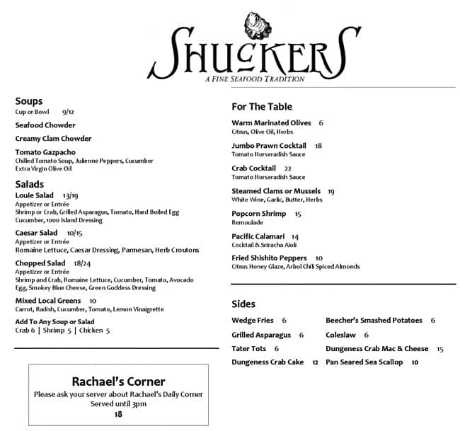 Menu at Shuckers Restaurant, Seattle, 411 University St