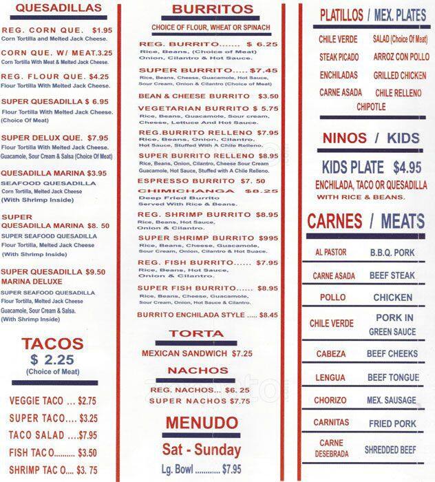 Menu at El Metate, Belmont