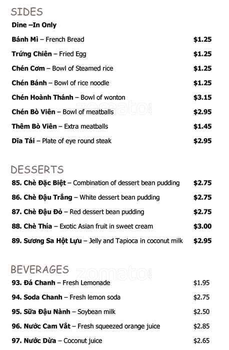 Menu at Pho Ben restaurant, Sugar Land, Hwy 6