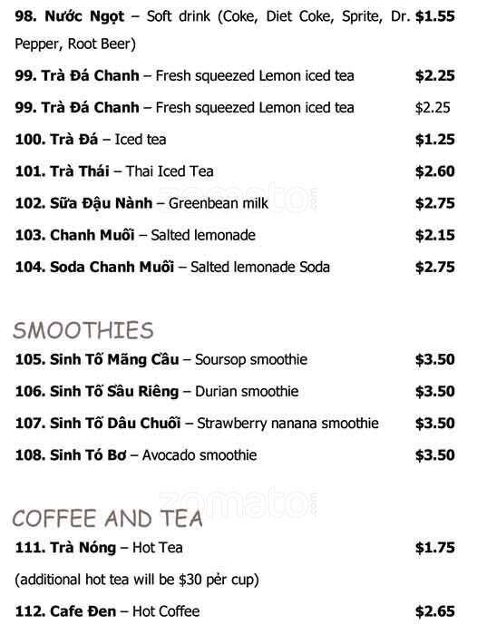 Menu at Pho Ben restaurant, Sugar Land, Hwy 6