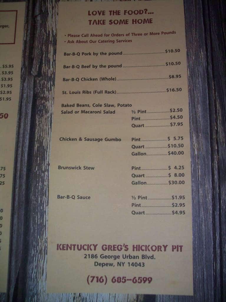 Menu at Kentucky Greg's Hickory Pit BBQ, Depew
