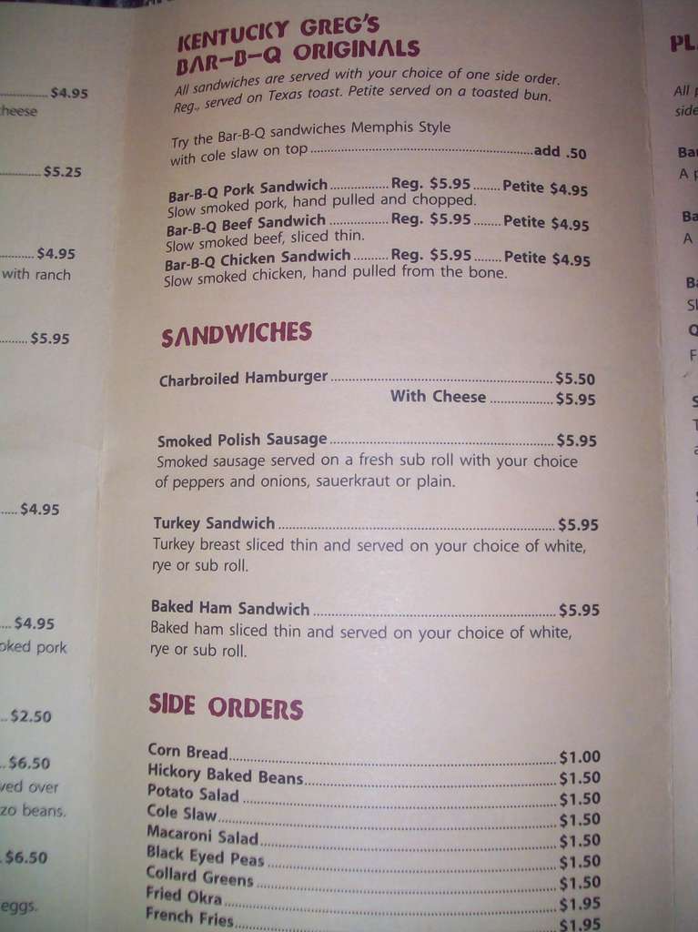 Menu at Kentucky Greg's Hickory Pit BBQ, Depew