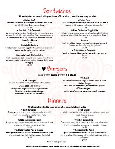 Menu at J. Hicks on the Square pub & bar, Mercer