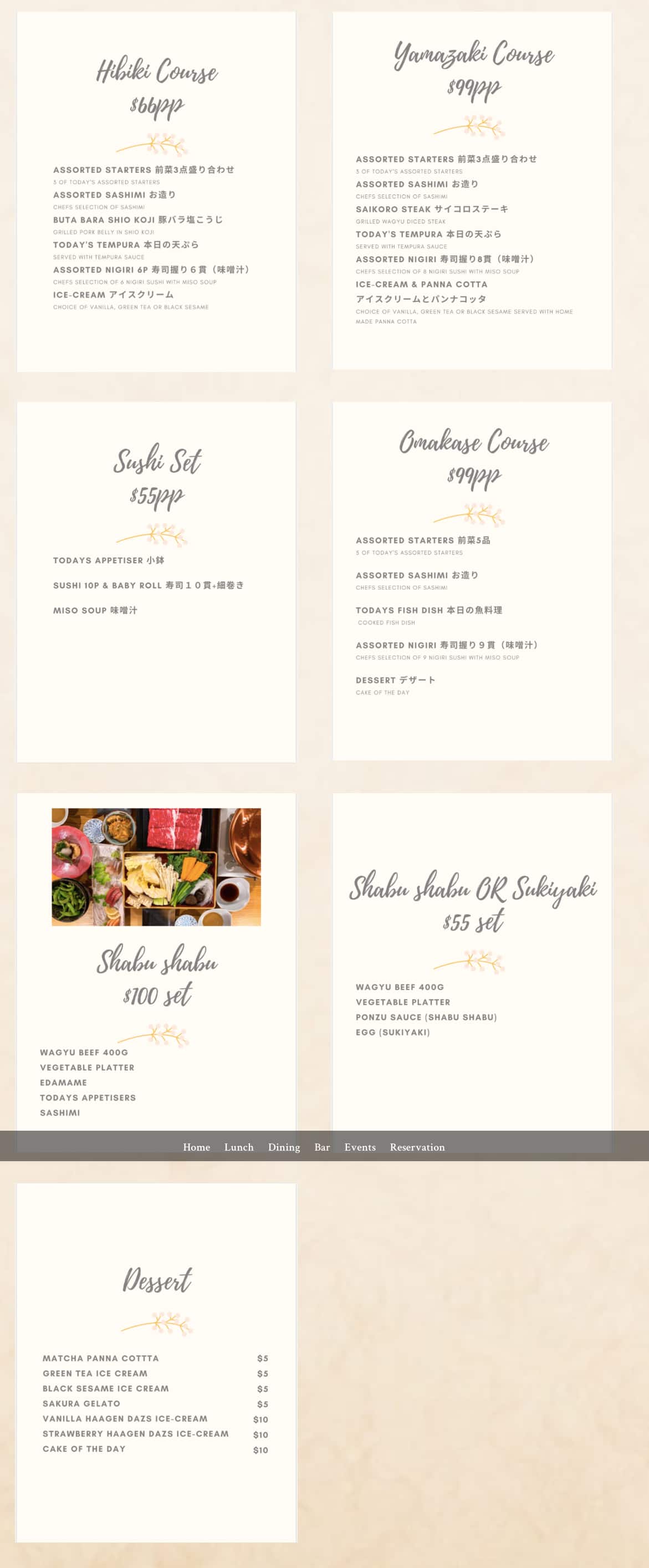 Menu at Gold Class Daruma restaurant, Sydney