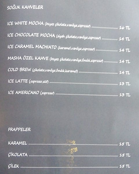 Menu at MASHA Lounge, Istanbul