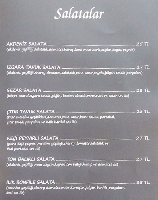 Menu at MASHA Lounge, Istanbul