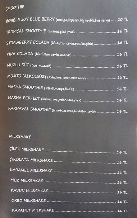 Menu at MASHA Lounge, Istanbul