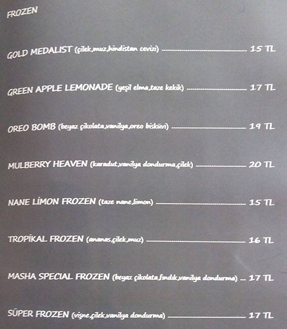 Menu at MASHA Lounge, Istanbul