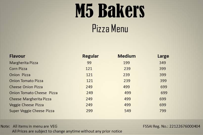 Menu of M5 Bakers, Phase 7, Mohali