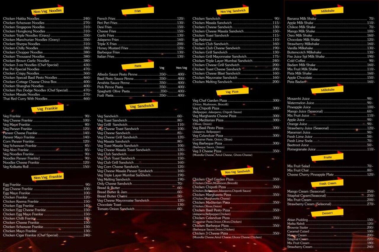 Menu of Fire Pot, Ghatkopar East, Mumbai
