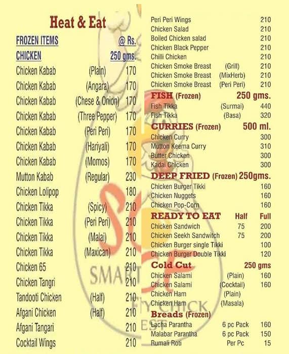 Menu of Smarty Chick Fest, Rohini, New Delhi