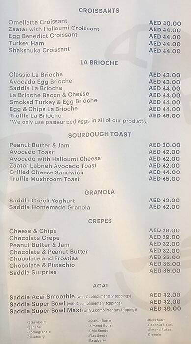 Menu of Saddle, Al Khawaneej, Dubai