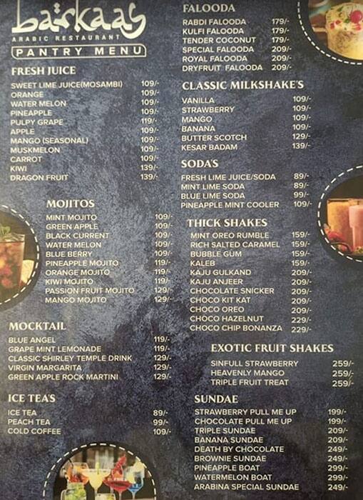 Menu of Barkaas Indo-Arabic Restaurant, Vishnu Puri, Kanpur