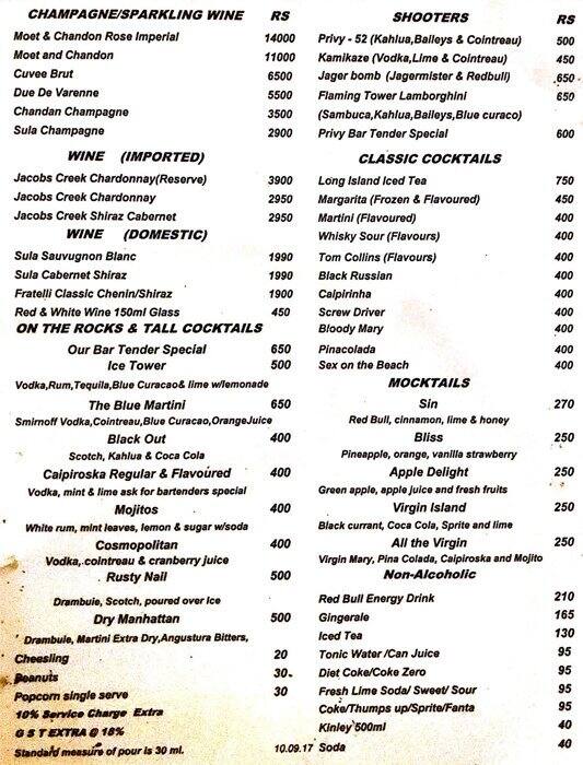 Privy Ultra Lounge Menu, Menu for Privy Ultra Lounge, Elgin, Kolkata ...