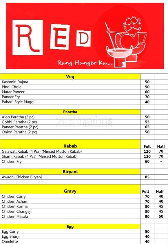 Menu at Red, Bengaluru