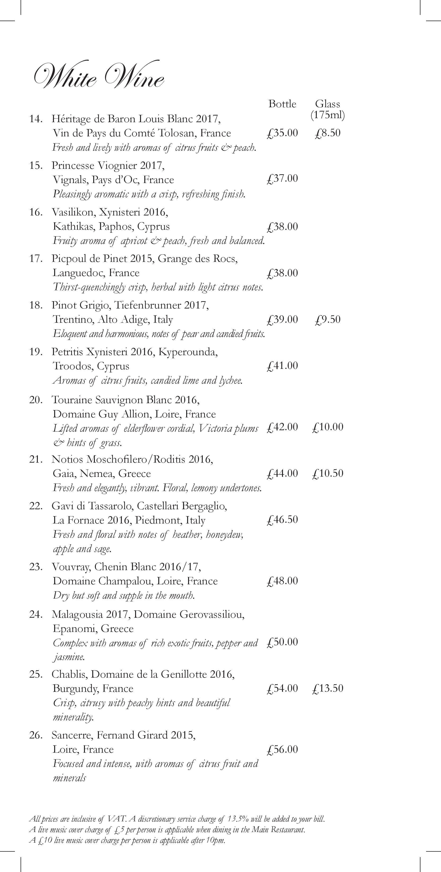 Menu at Elysee restaurant, London