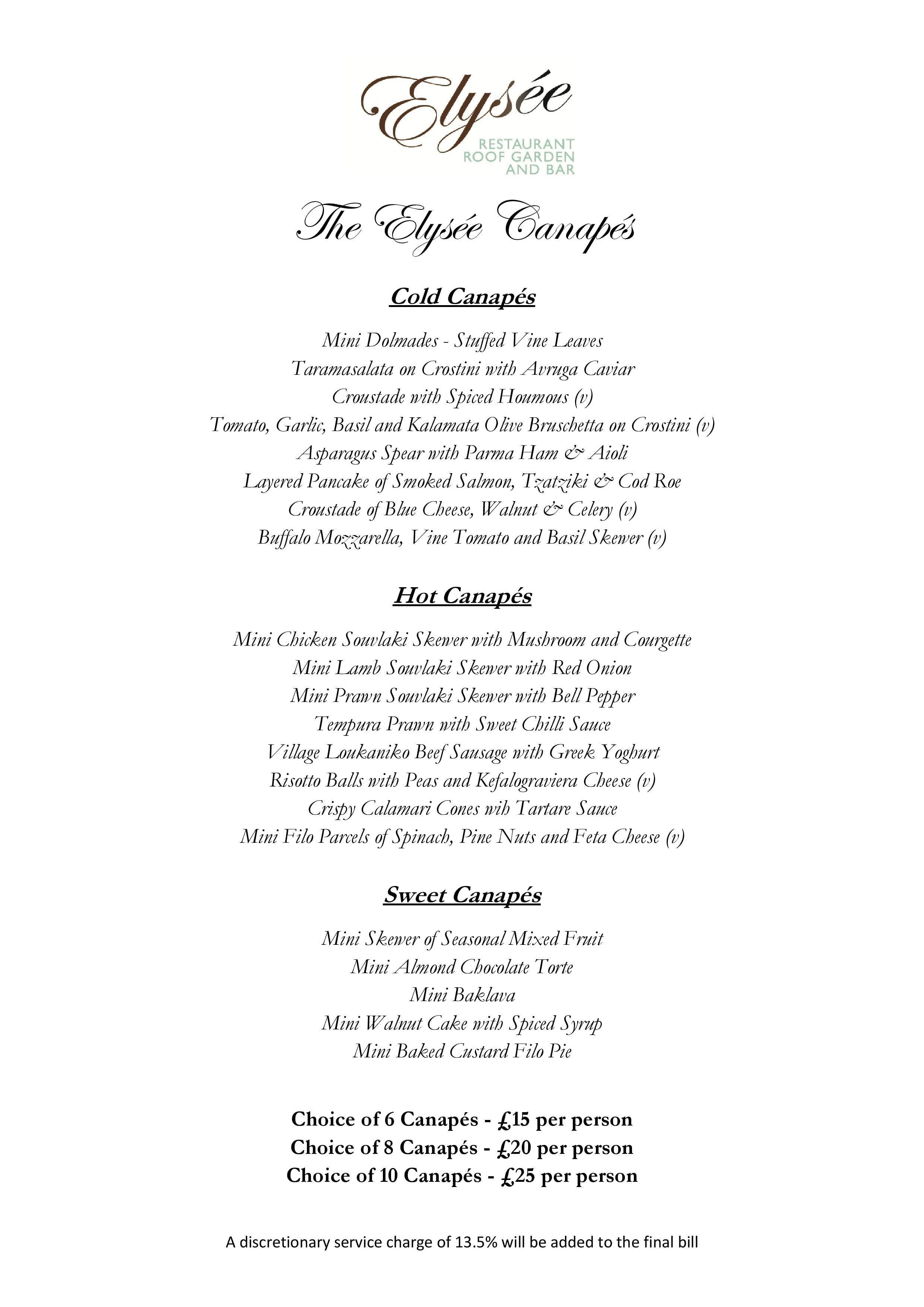 Menu at Elysee restaurant, London